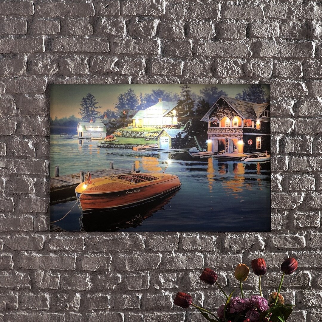 LED Illuminated Canvas Art Twilight Lakeside Cottage Canvas Wall Art ...