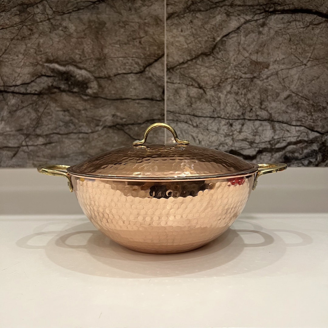 Handcrafted Italian Copper Hammered Wok Pan With Lid - 10-inch, Tin ...