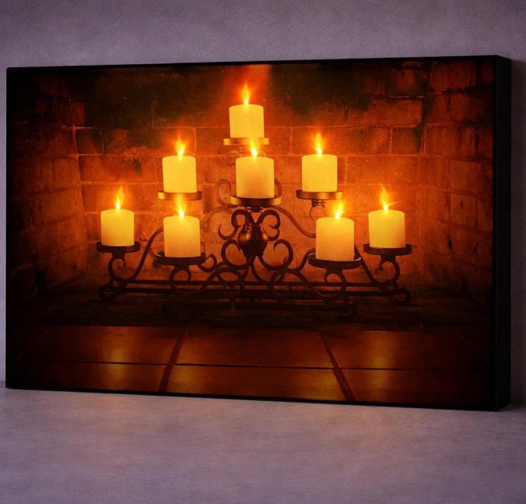 Enchanted Candlelight LED Canvas Art – Glowing Fireplace Candle Wall ...