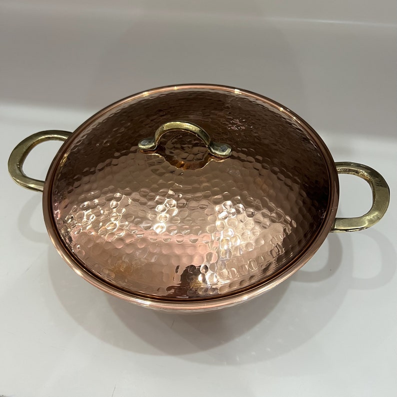 Handcrafted Italian Copper Hammered Wok Pan With Lid 10-inch, Tin-lined ...