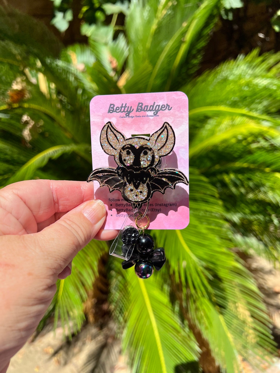 Black Gold Spooky Halloween Beaded Bat Badge Reel, Glitter Badge ...