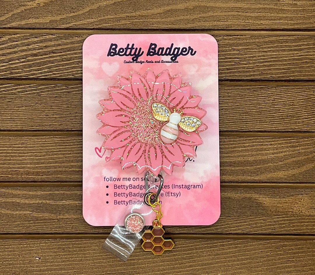Pink Sunflower Bee Honeycomb Badge Reel, Sunflower Badge Reel ...