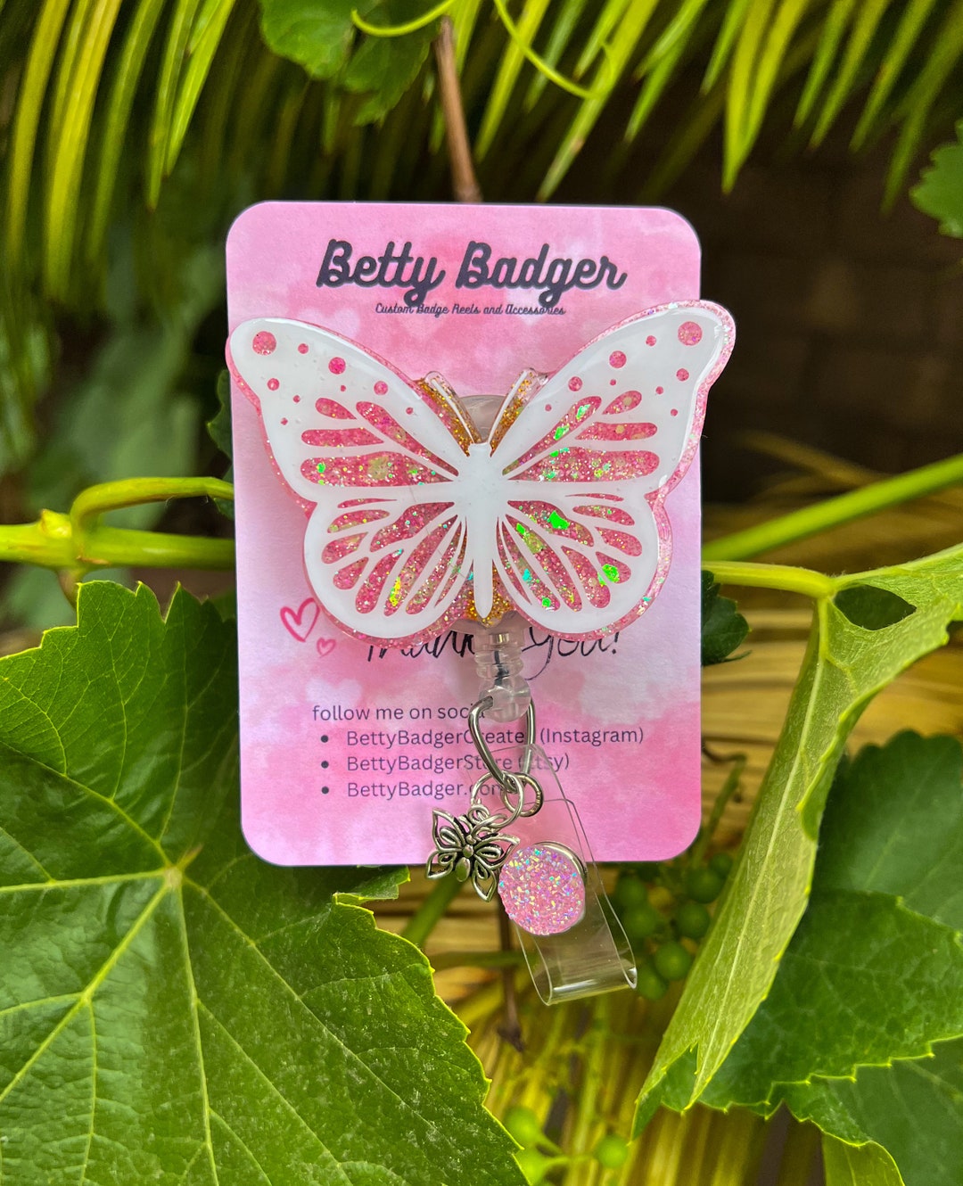 Butterfly Badge Reel, Pink Butterfly Badge Reel, Pink Glitter Butterfly ...