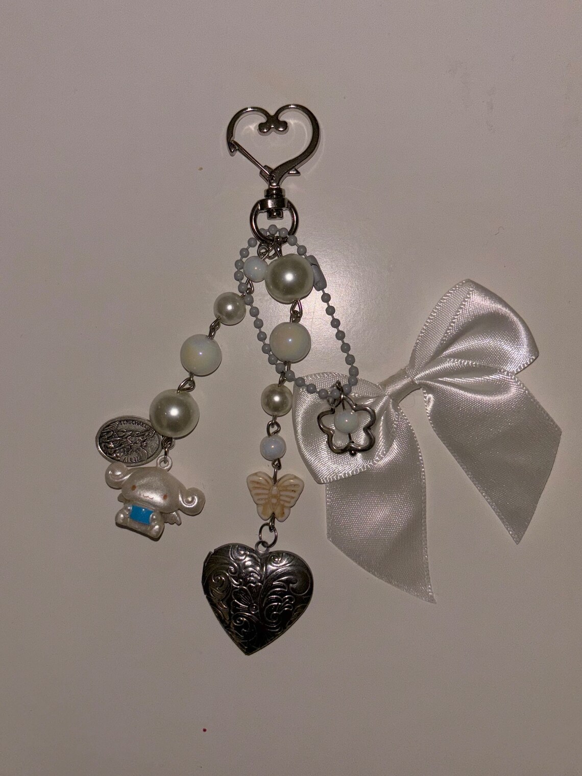 Coquette White Bow Keychain With Metal Heart Locket and Cinamoroll ...