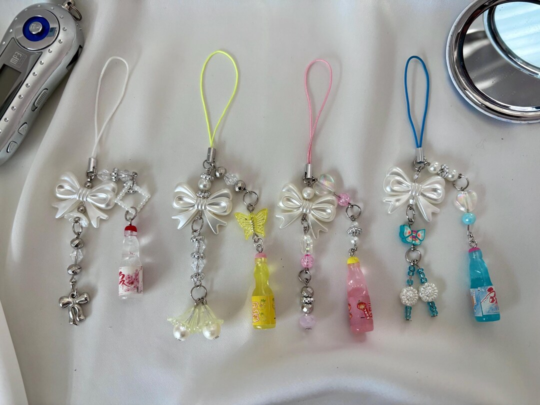 Ramune Japanese Soda Phone Charm Y2k Silver Beaded Keychain Chrome ...