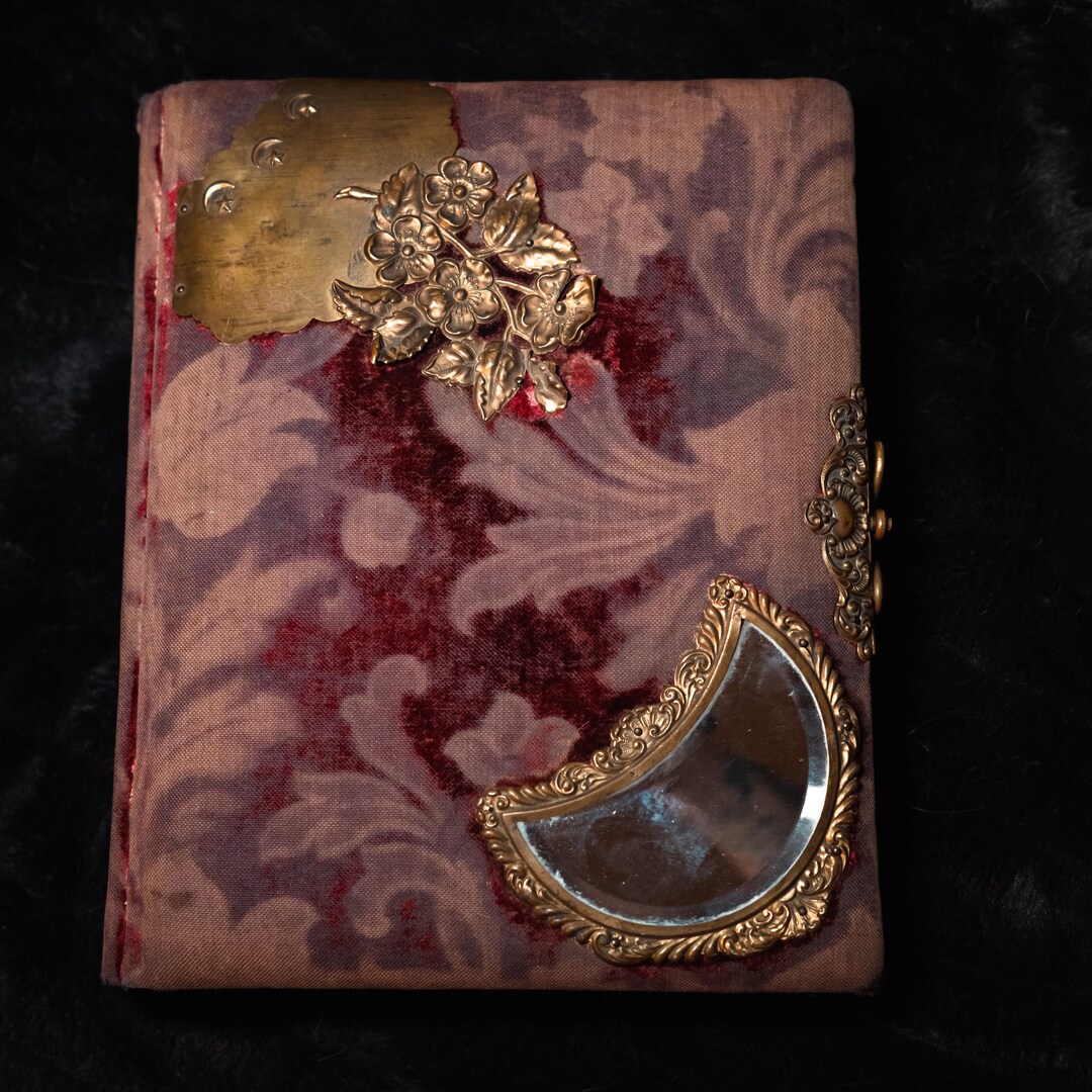 Antique Victorian Velvet Bound Photo Album With Moon Mirror and Metal ...
