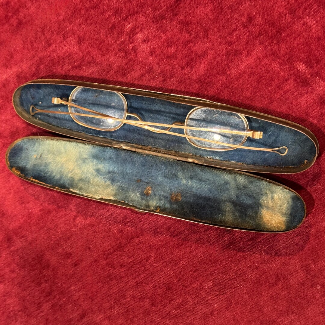 Antique 1800s Victorian Eyeglasses W Original Blue Velvet Lined Tin ...