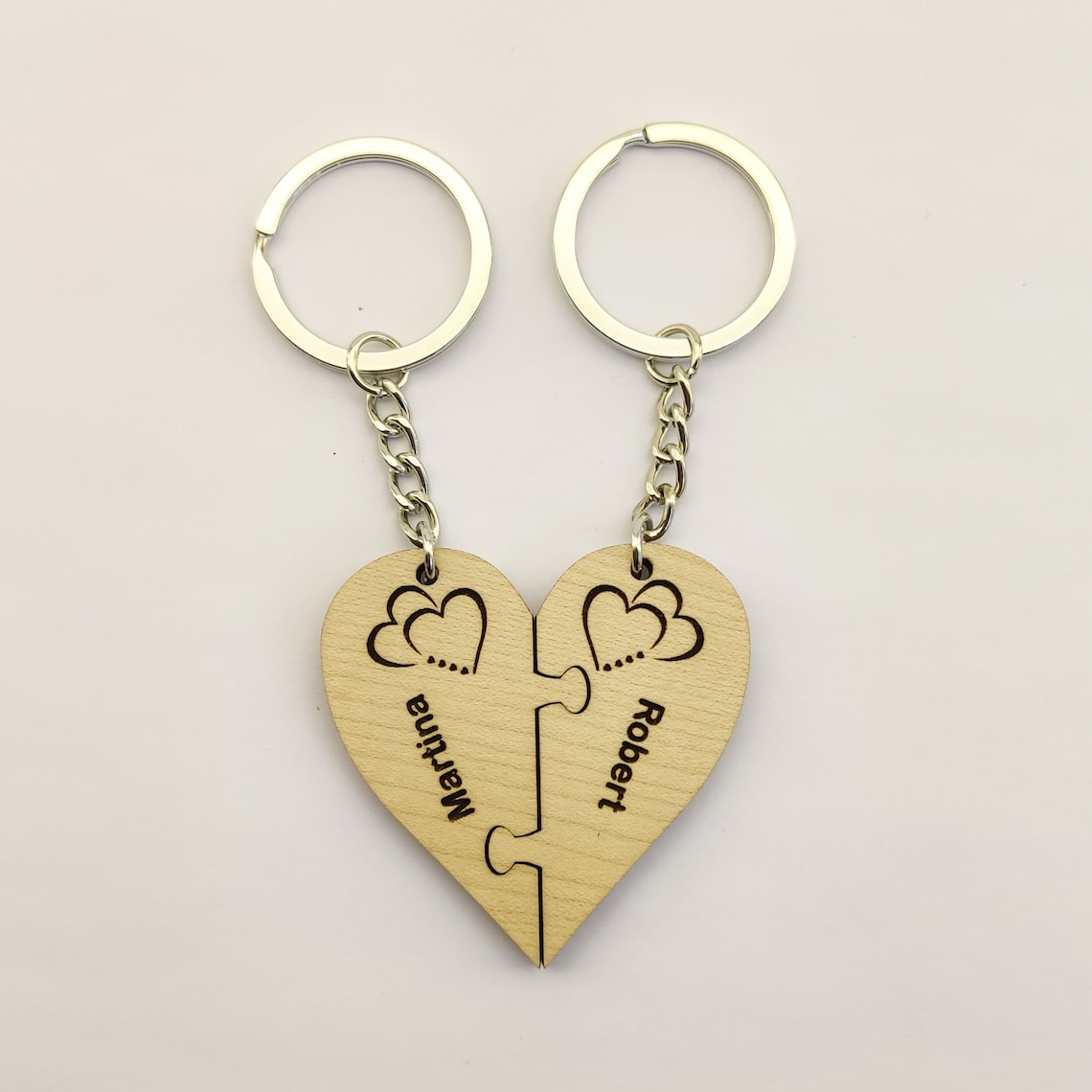 Personalized Interlocking Heart Wooden Keyring / Keychain Set With ...