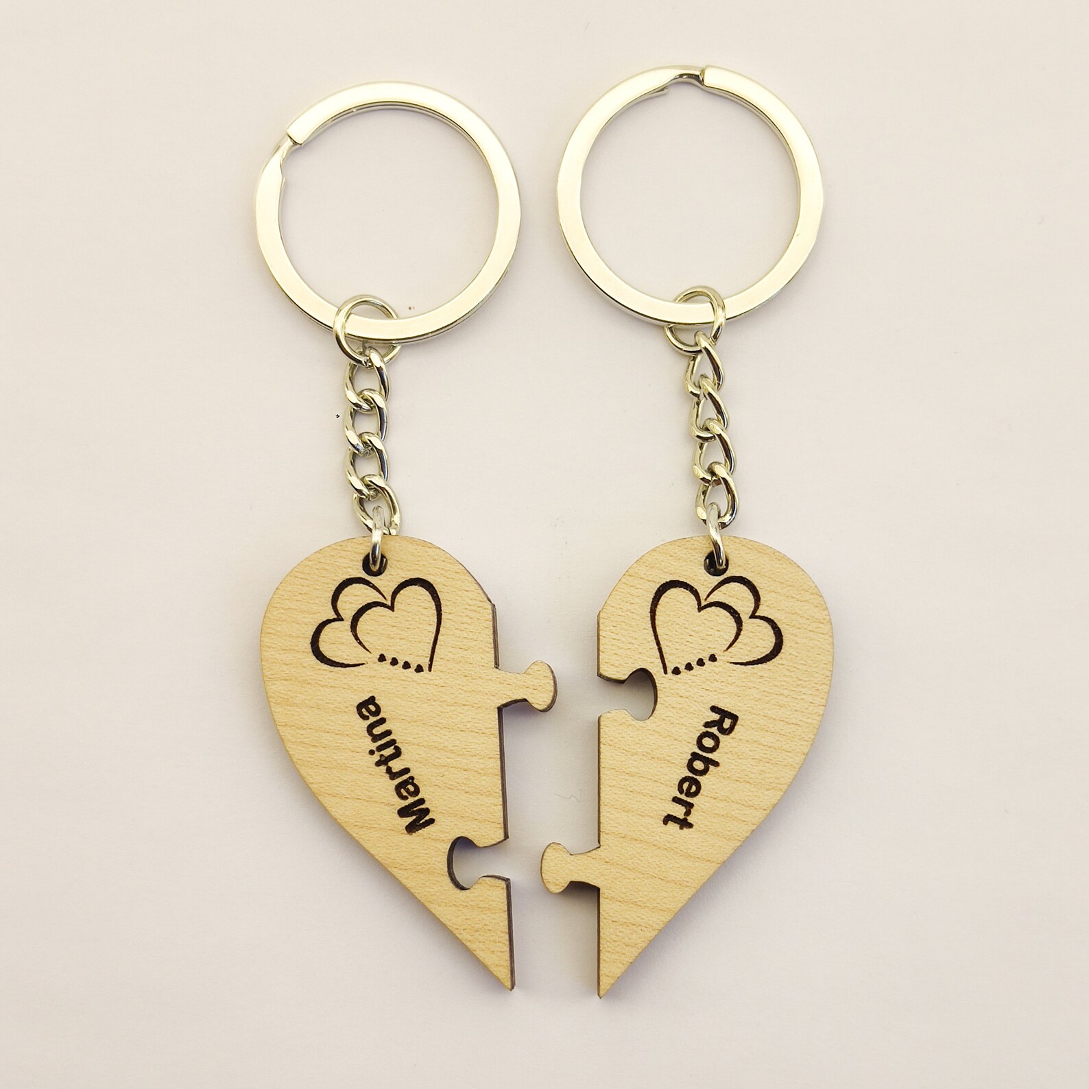Personalized Interlocking Heart Wooden Keyring / Keychain Set With ...