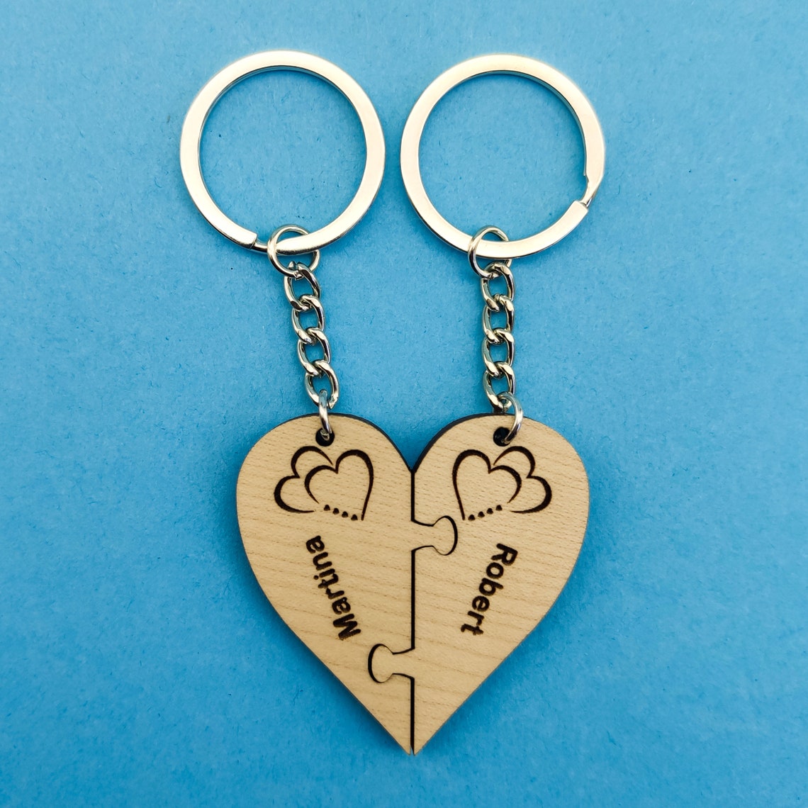 Personalized Interlocking Heart Wooden Keyring / Keychain Set - Etsy