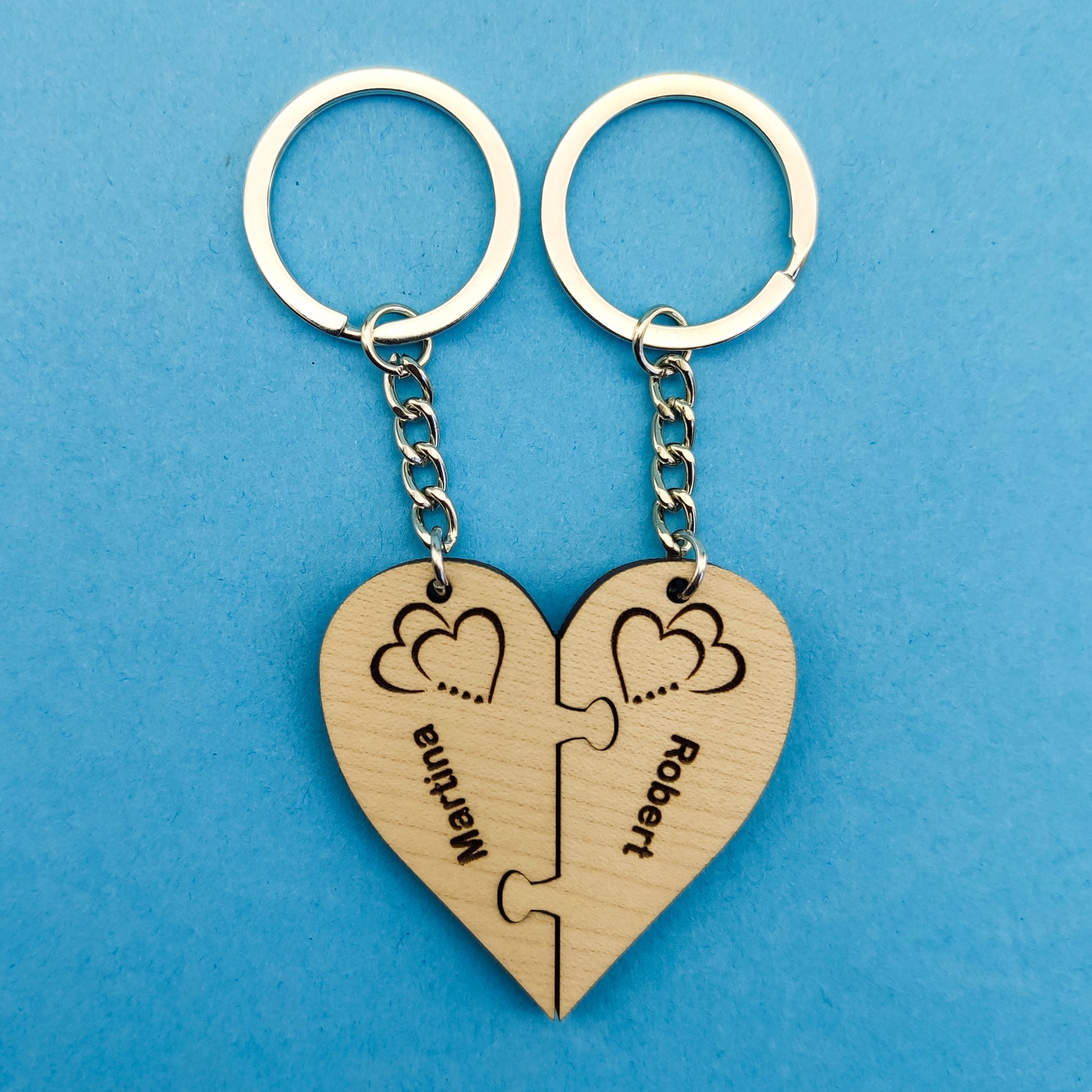Personalized Interlocking Heart Wooden Keyring / Keychain Set With ...