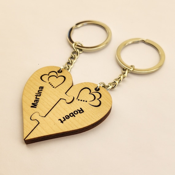 Personalized Interlocking Heart Wooden Keyring / Keychain Set - Etsy