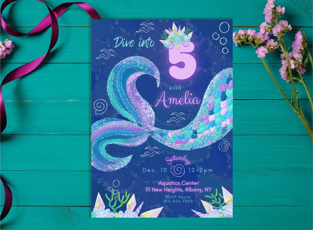 Editable Mermaid Birthday Invitation, Girls Party, Dive Into Five, 5th ...