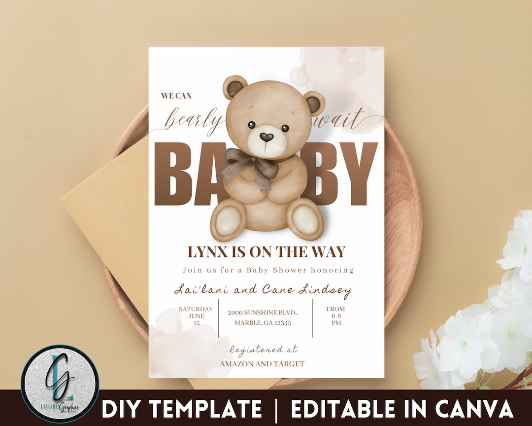 We Can Bearly Wait Invitation Brown Editable Baby Shower Invitations ...