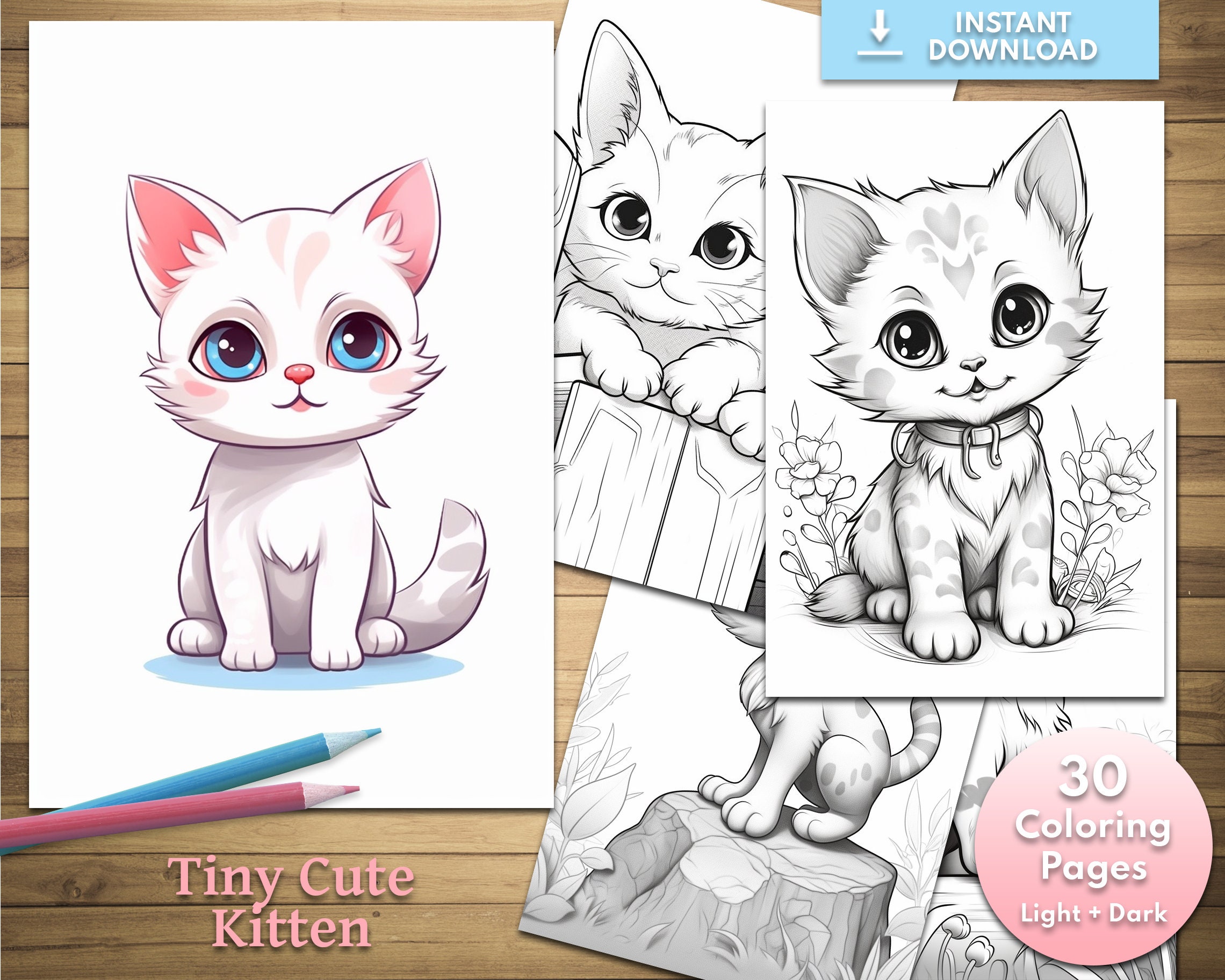 30 Tiny Cute Kittens Coloring Book Pages Adult Coloring Book, Kids ...