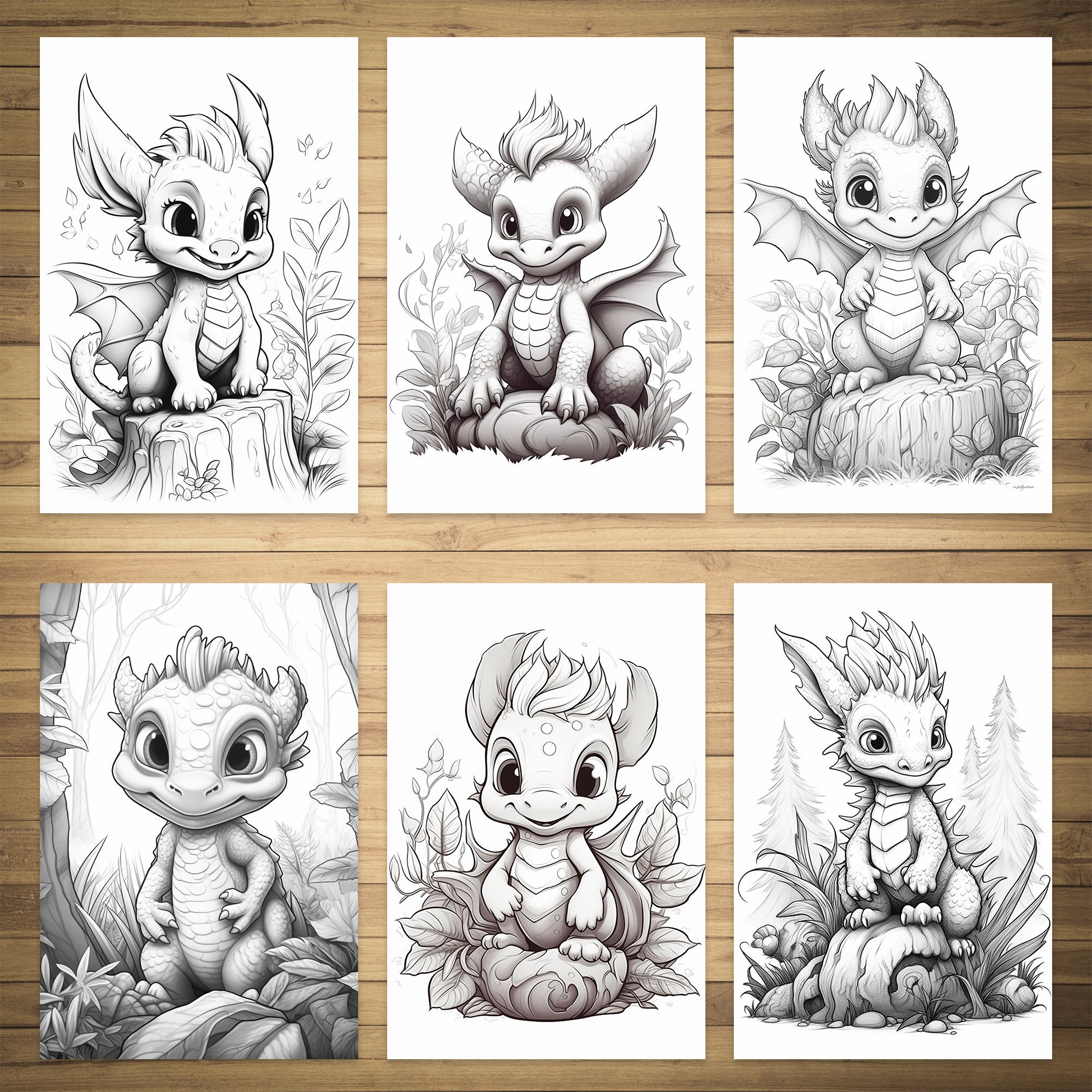 30 Baby Forest Dragons Coloring Book Pages - Adult Coloring Book, Kids ...