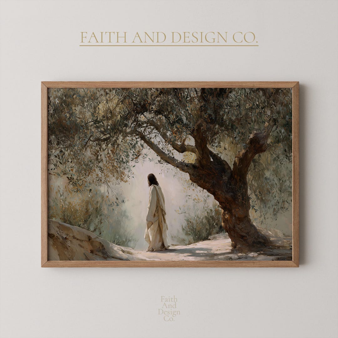 Jesus Under Olive Tree Landscape Print – Peaceful Neutral Christian ...