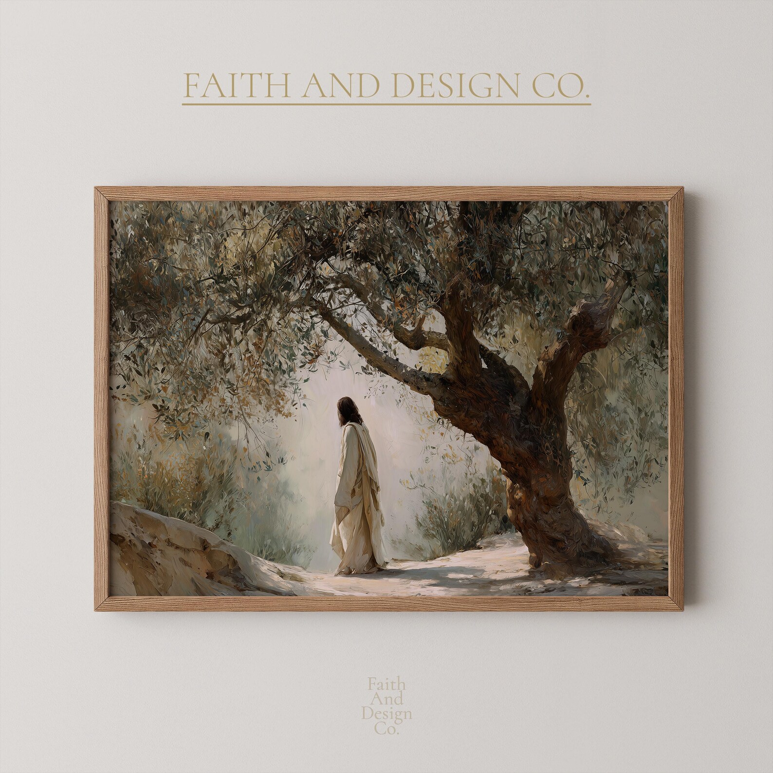 Jesus Under Olive Tree Landscape Print – Peaceful Neutral Christian ...