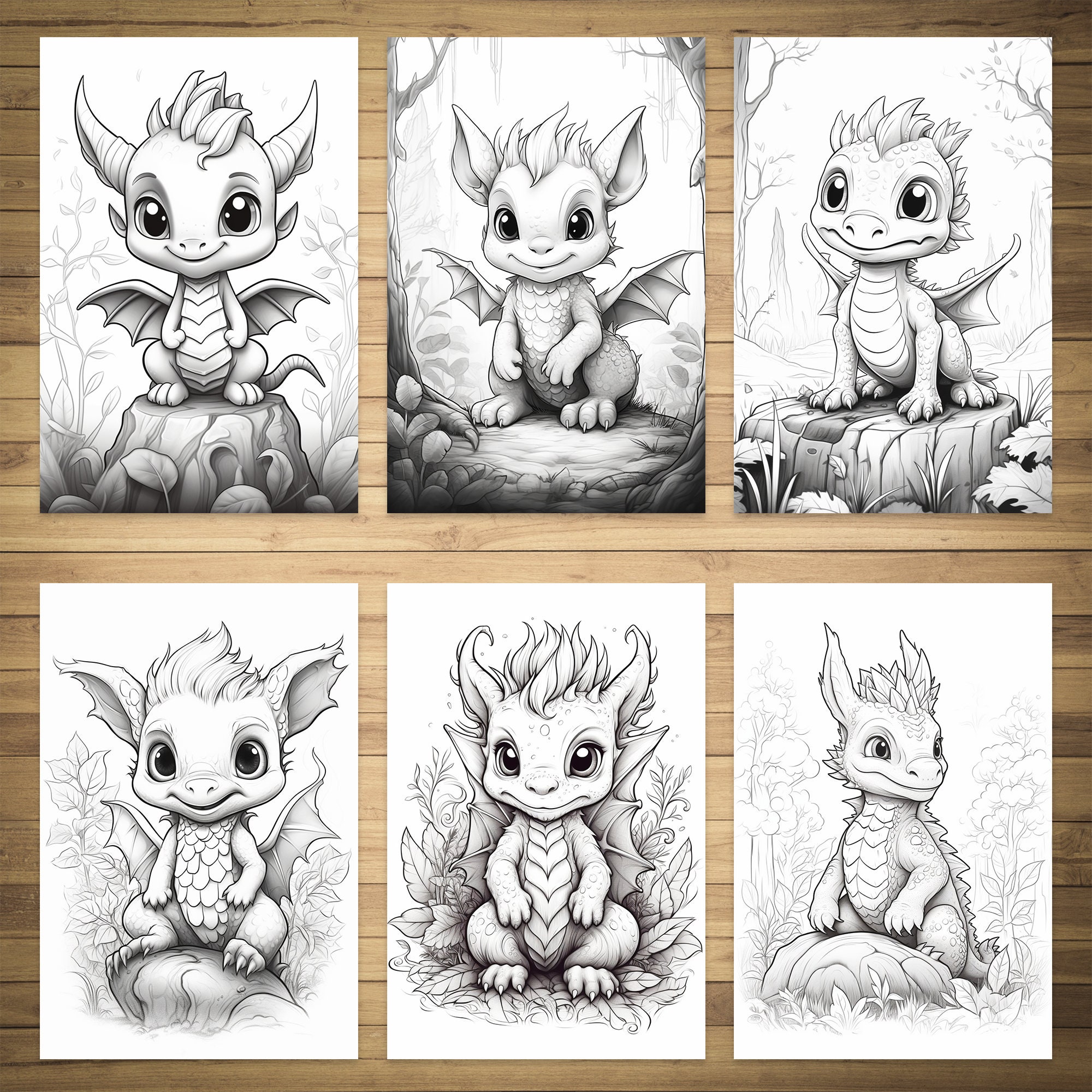 30 Baby Forest Dragons Coloring Book Pages - Adult Coloring Book, Kids ...