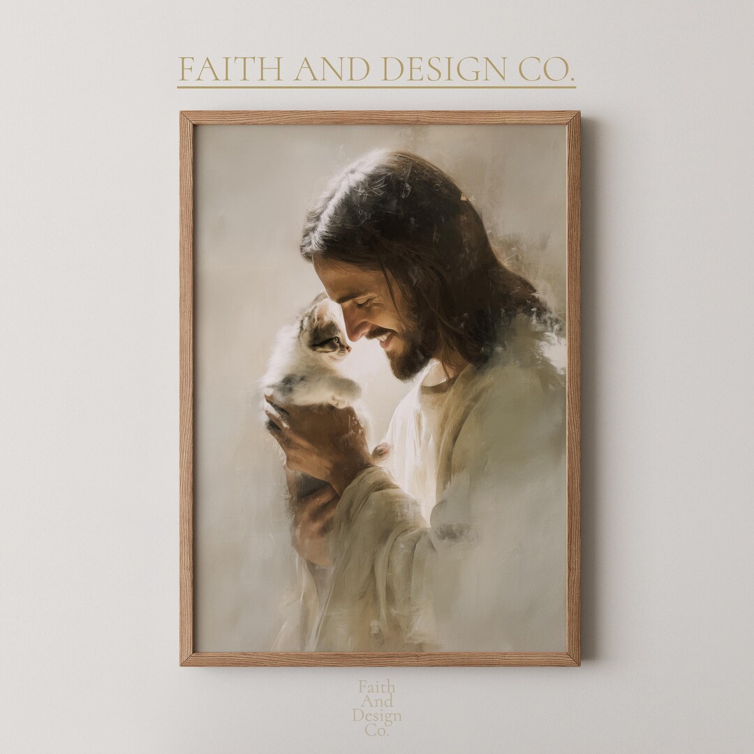 Jesus Holding Kitten Wall Art, Christian Printable Decor, Cute ...