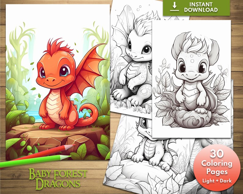 30 Baby Forest Dragons Coloring Book Pages - Adult Coloring Book, Kids ...
