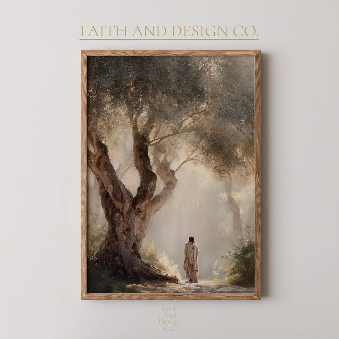Jesus Under Ancient Olive Trees Print – Peaceful Neutral Christian Wall ...