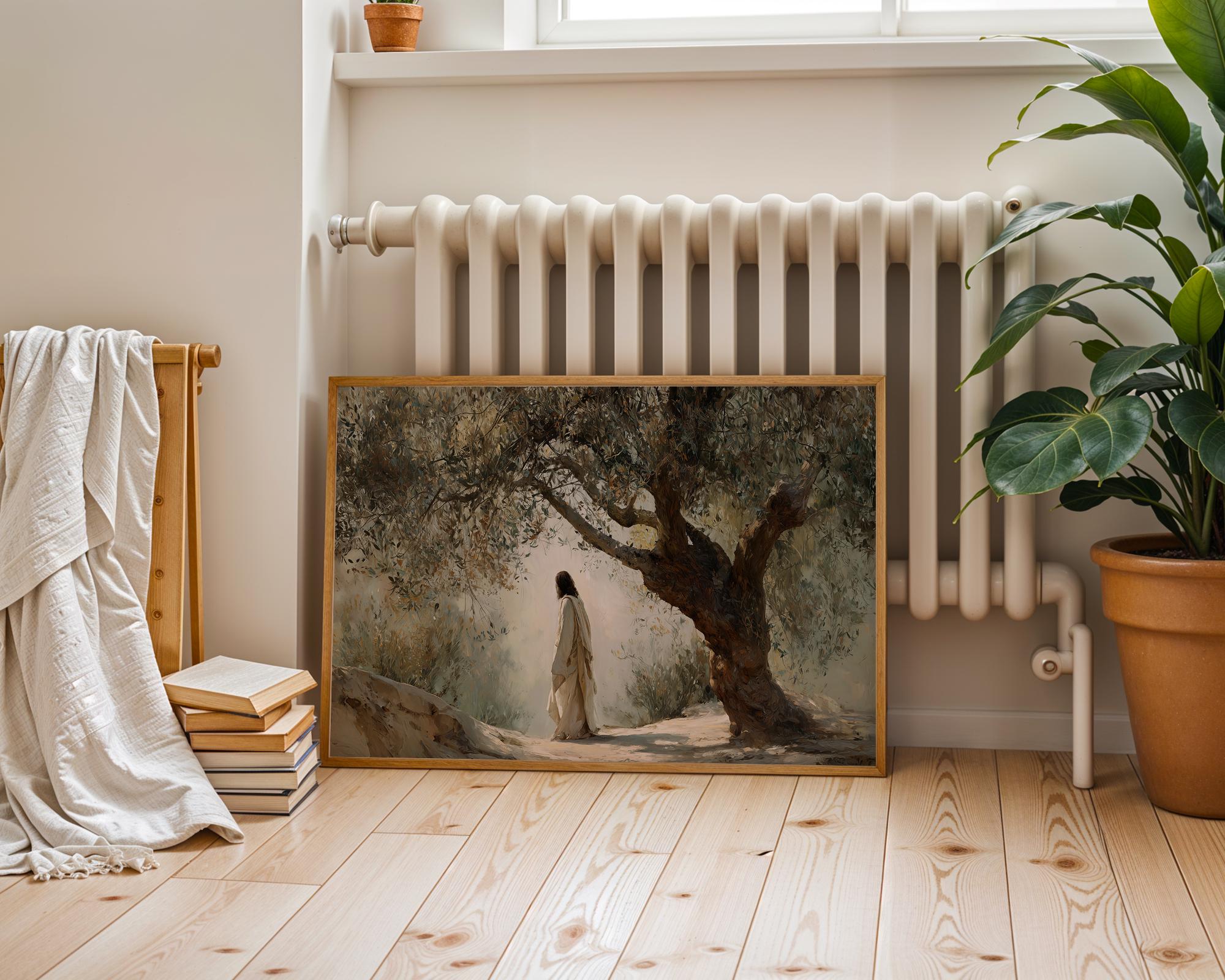Jesus Under Olive Tree Landscape Print – Peaceful Neutral Christian ...