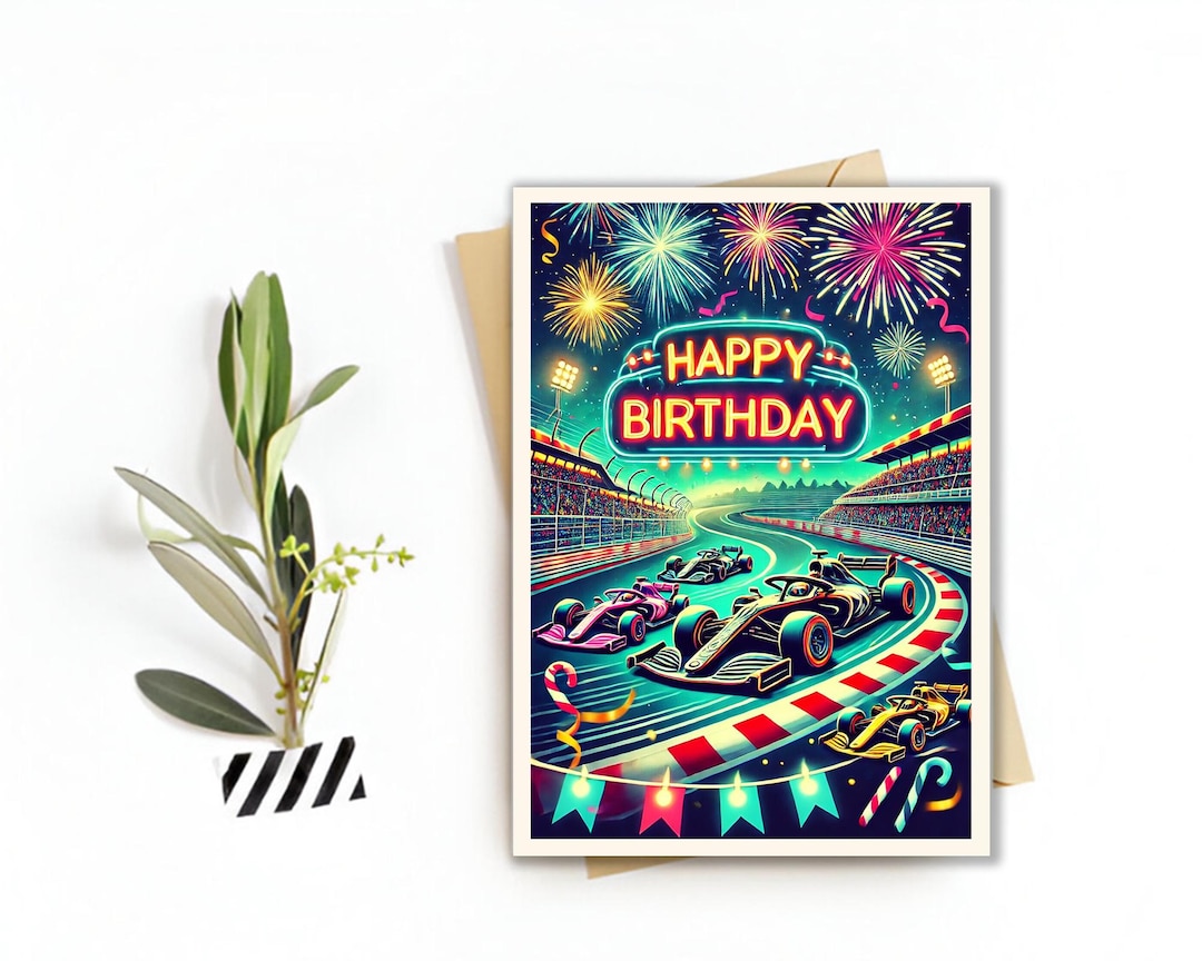 Digital Print Car Racing Birthday Card Happy Birthday Postcard Car ...