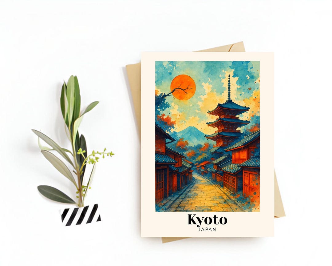 Kyoto Japan Travel Postcard, Temples & Gardens Illustration (digital ...