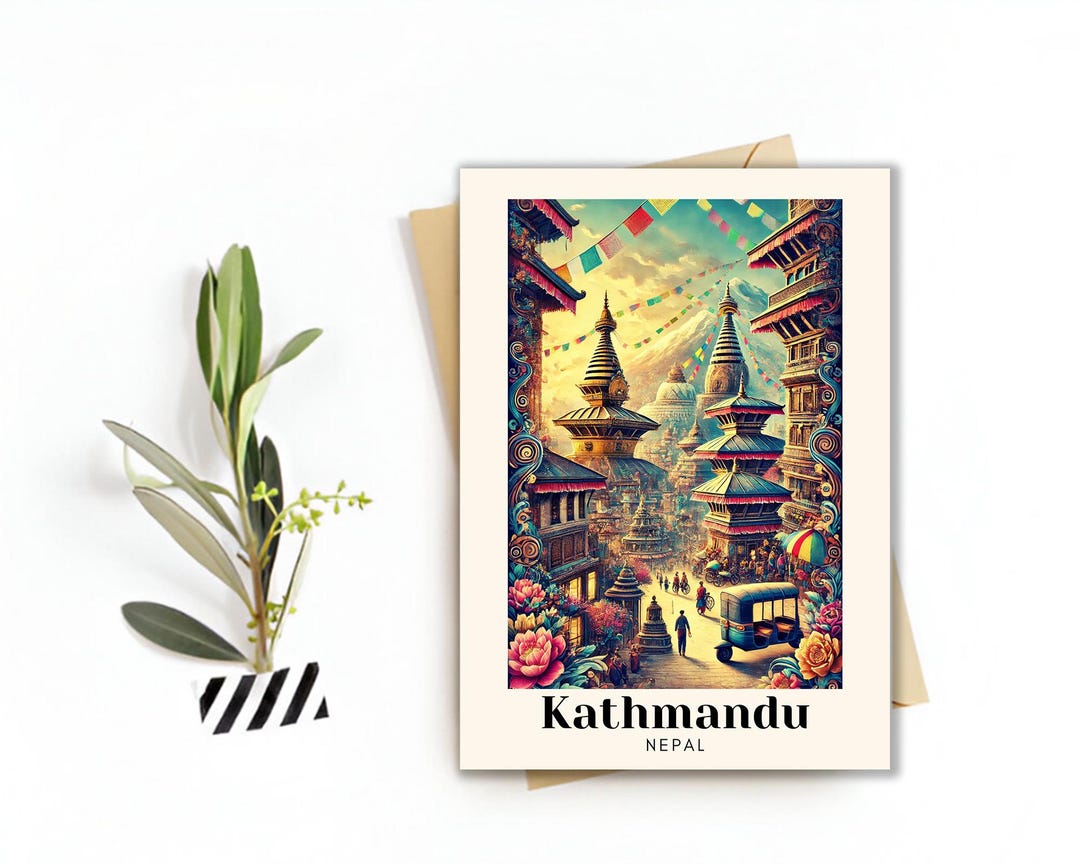 Kathmandu, Nepal Travel Postcard – Iconic Landmarks Illustration ...
