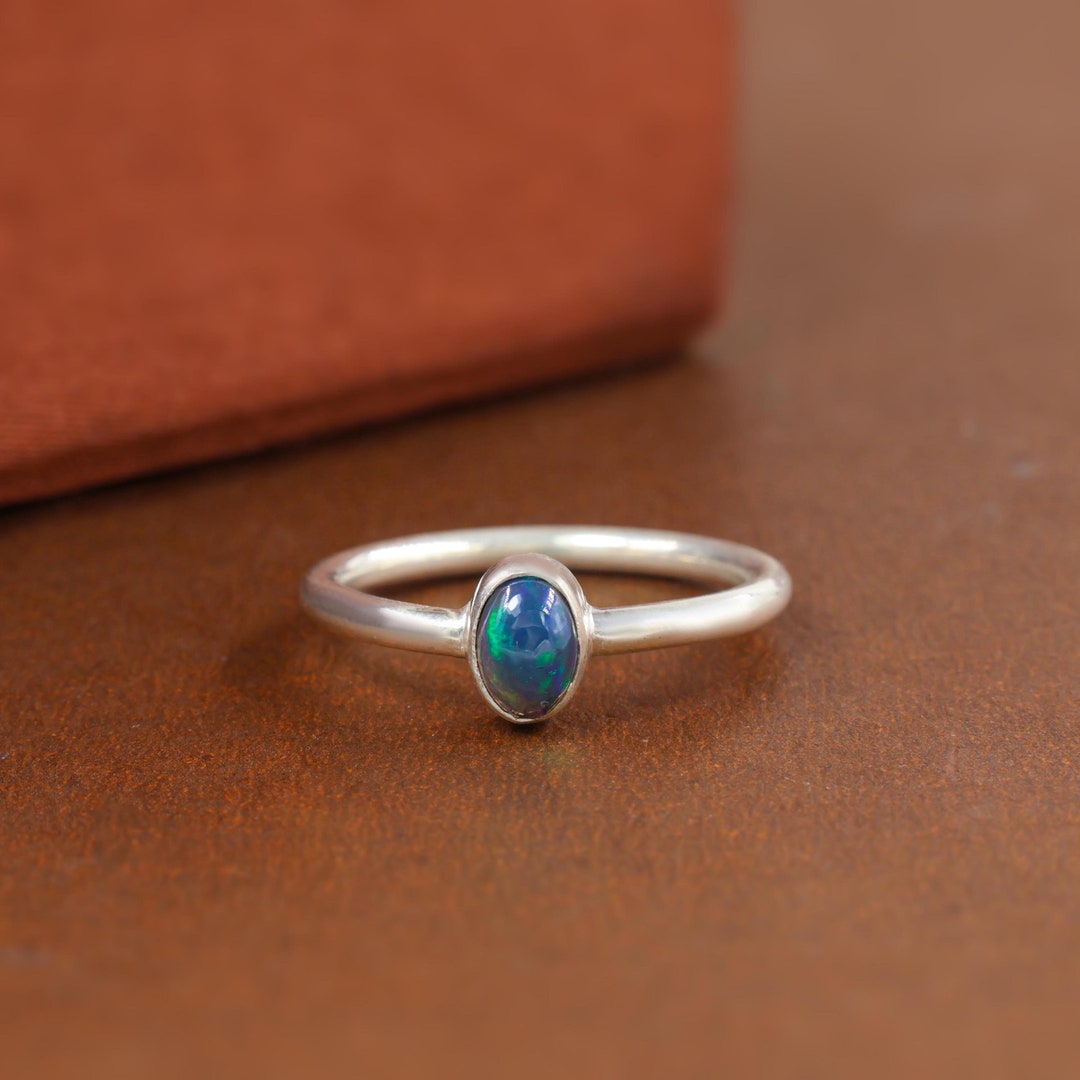Ethiopian Black Opal Stackable Ring, Natural Multifire Opal Gemstone ...