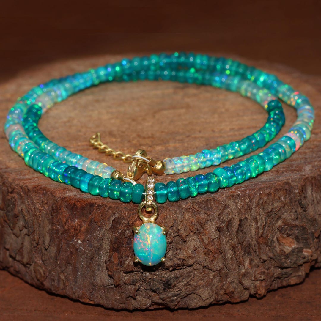 Fire Green Opal Gemstone Beaded Charm Necklace, Genuine Opal Handmade ...