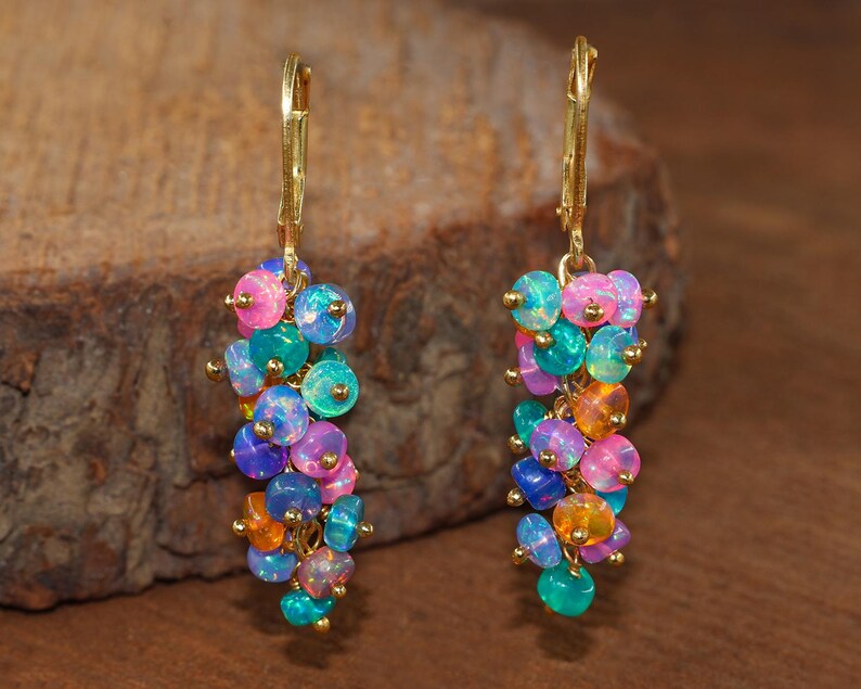 Multi Opal Gemstone Smooth Beads Cluster Earring, Natural Fire Opal ...