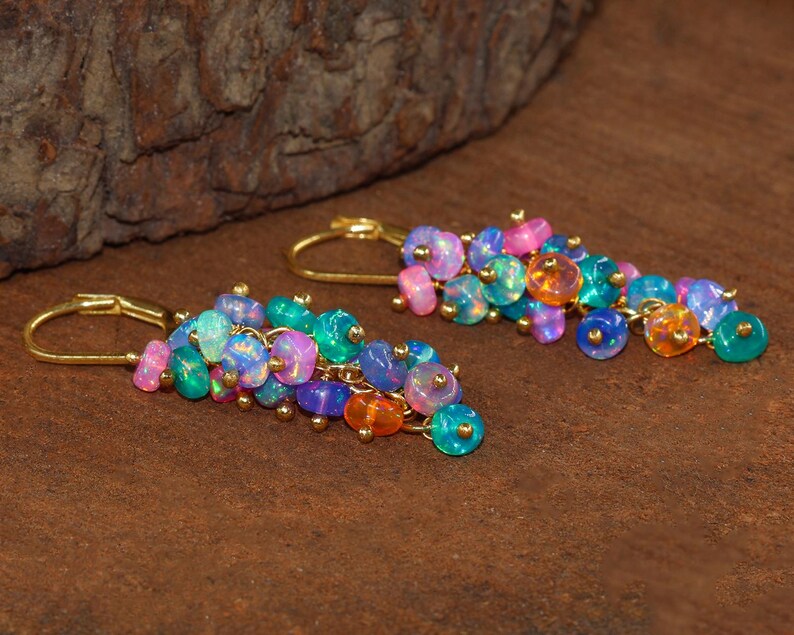 Multi Opal Gemstone Smooth Beads Cluster Earring, Natural Fire Opal ...