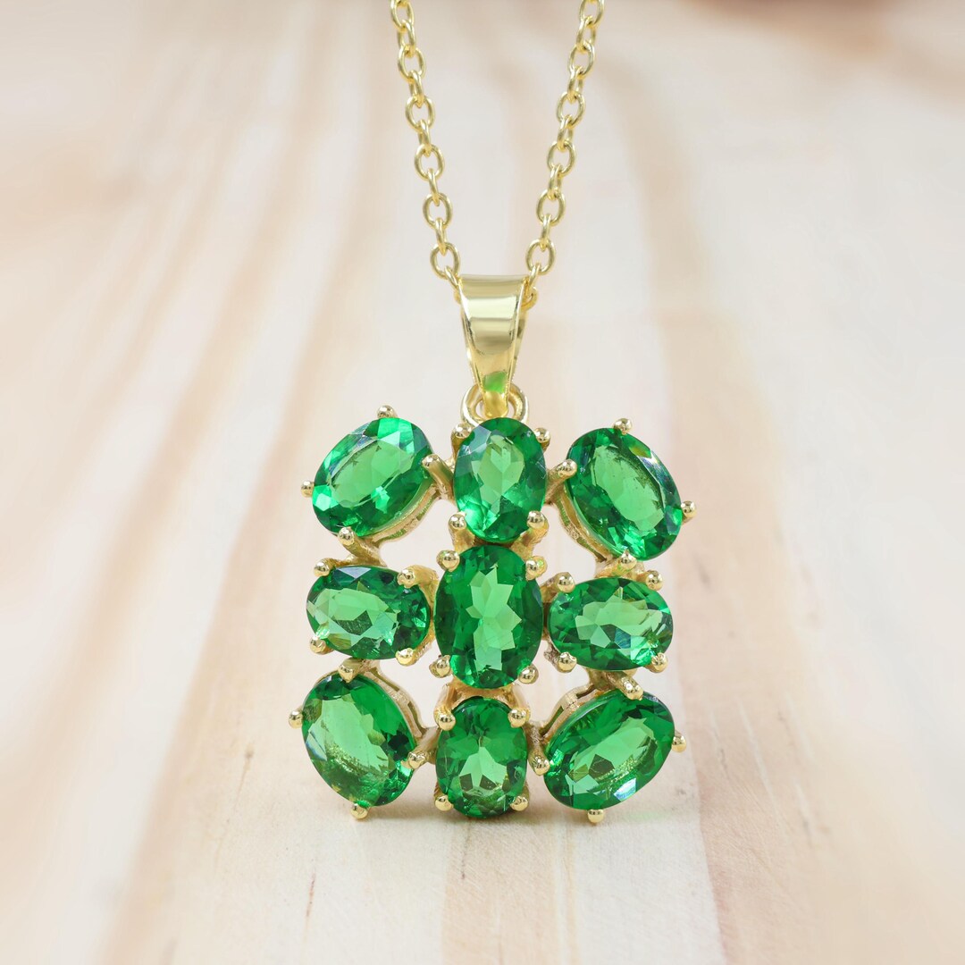 Emerald Gemstone Square Charm Pendant, Oval Shape Emerald Gemstone ...
