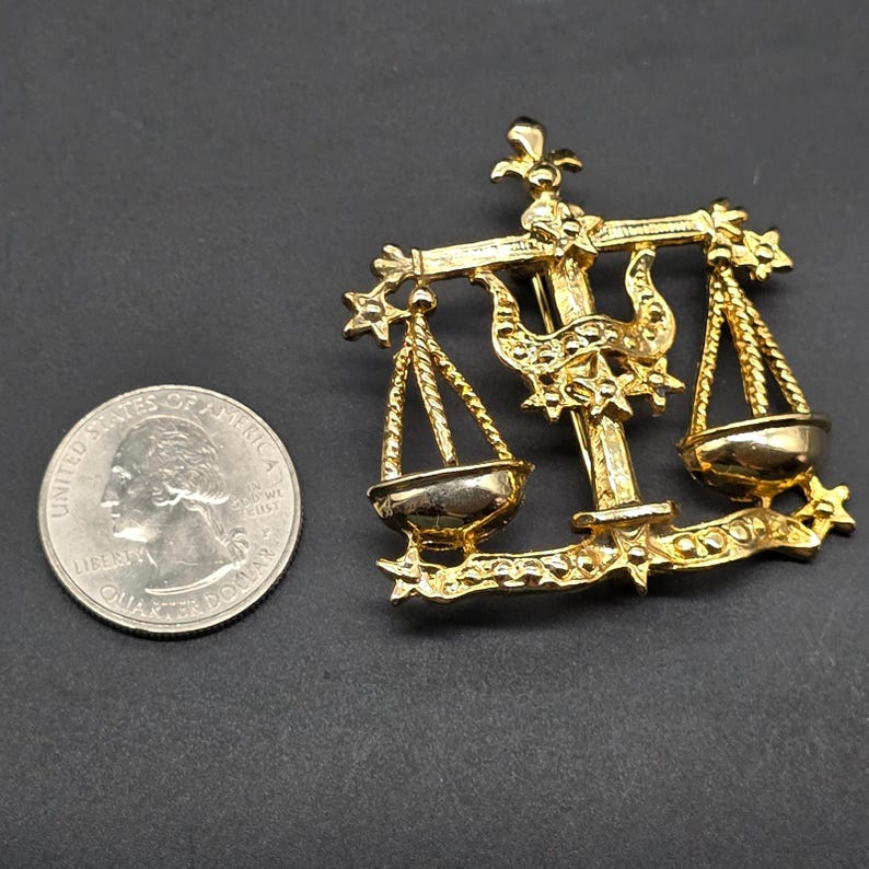 Vintage Scales of Justice Brooch Gold Tone Law School Gift Libra Zodiac ...