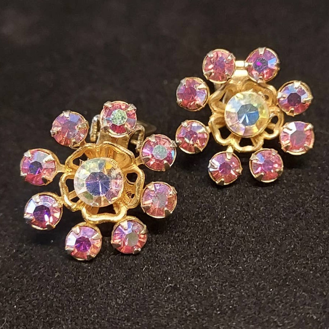 Vintage Pink Rhinestone Flower Clip on Earrings Aurora Borealis MCM - Etsy