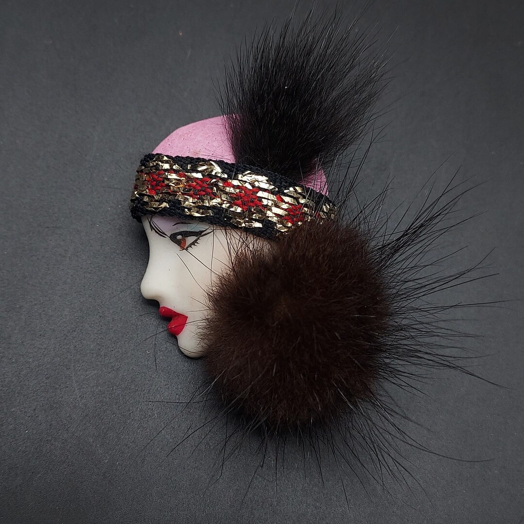 Art Deco Flapper Lady Face Head Brooch Faux Furr Handcrafted - Etsy