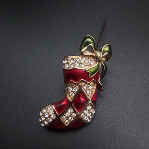 Monet Stocking Brooch Red Enamel Rhinestone Vintage Christmas Jewelry ...