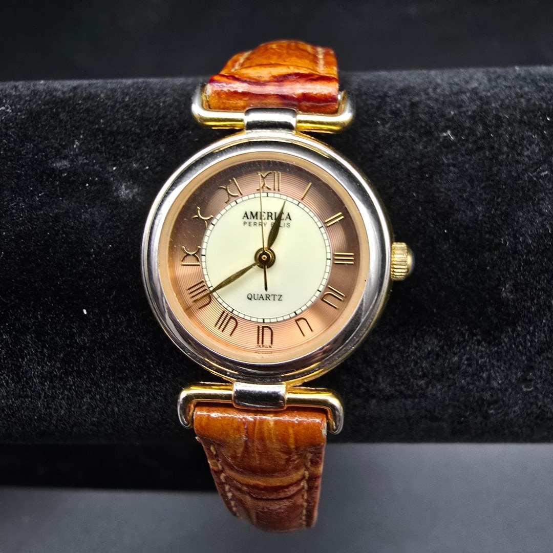 Women's America Perry Ellis Wrist Watch Brown Band White Silver Tone ...
