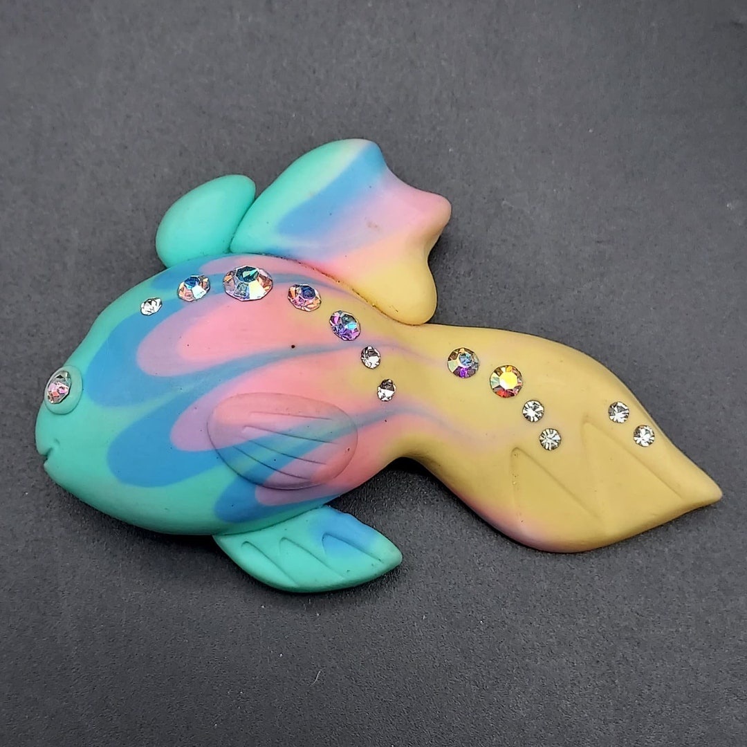 Artisan Clay Rainbow Fish Brooch Rhinestones Long Tail Fish Vintage ...