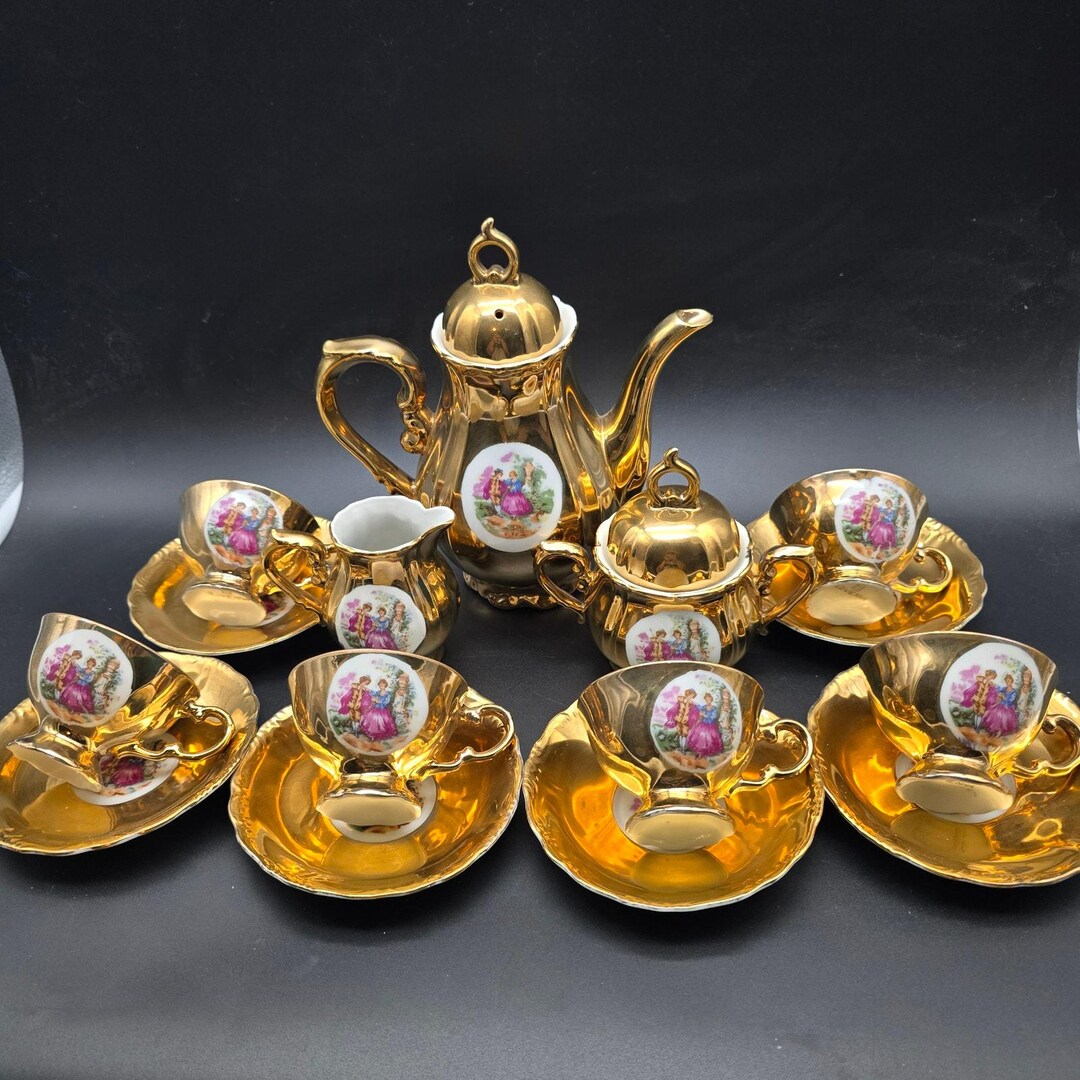 Antique Old Vienna Tea Set Gold Gilt Victorian Courting Scene Service ...
