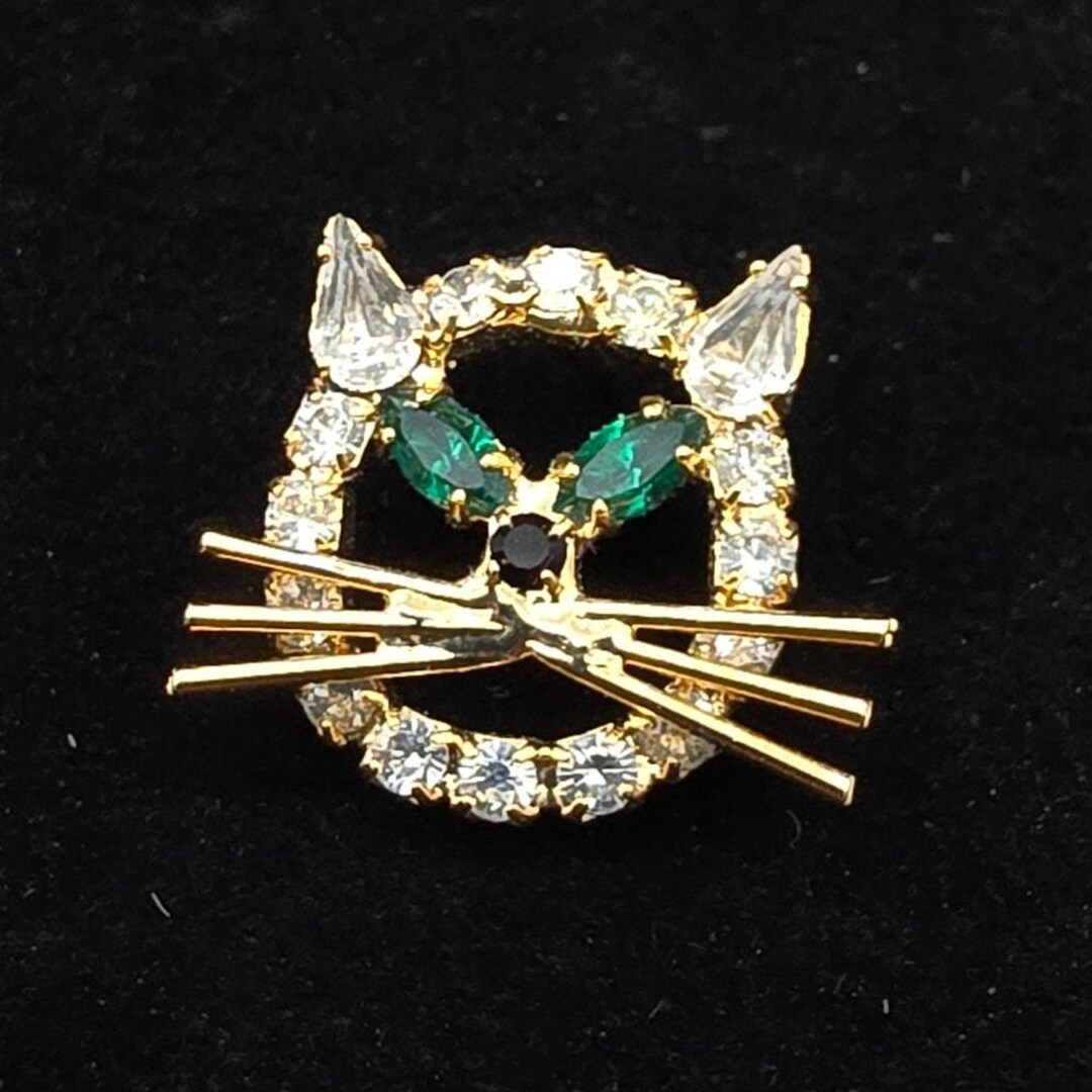 Vintage Rhinestone Cat Pin Green Eyes Gold Tone Whiskers Cat Lover Gift ...