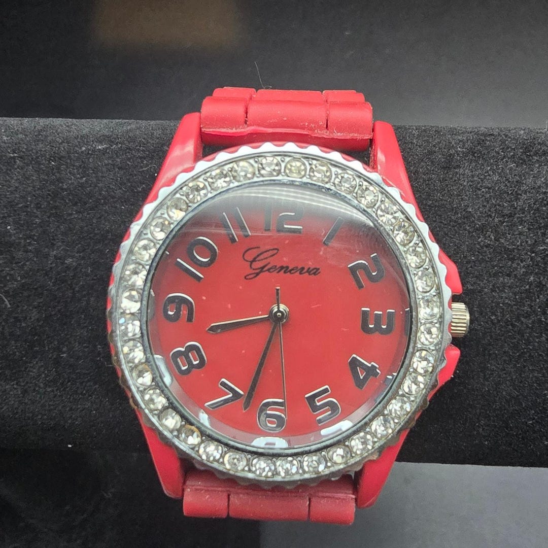 Geneva Burgundy Brick Red Watch Silicon Band Rhinestone Quartz WORKS ...