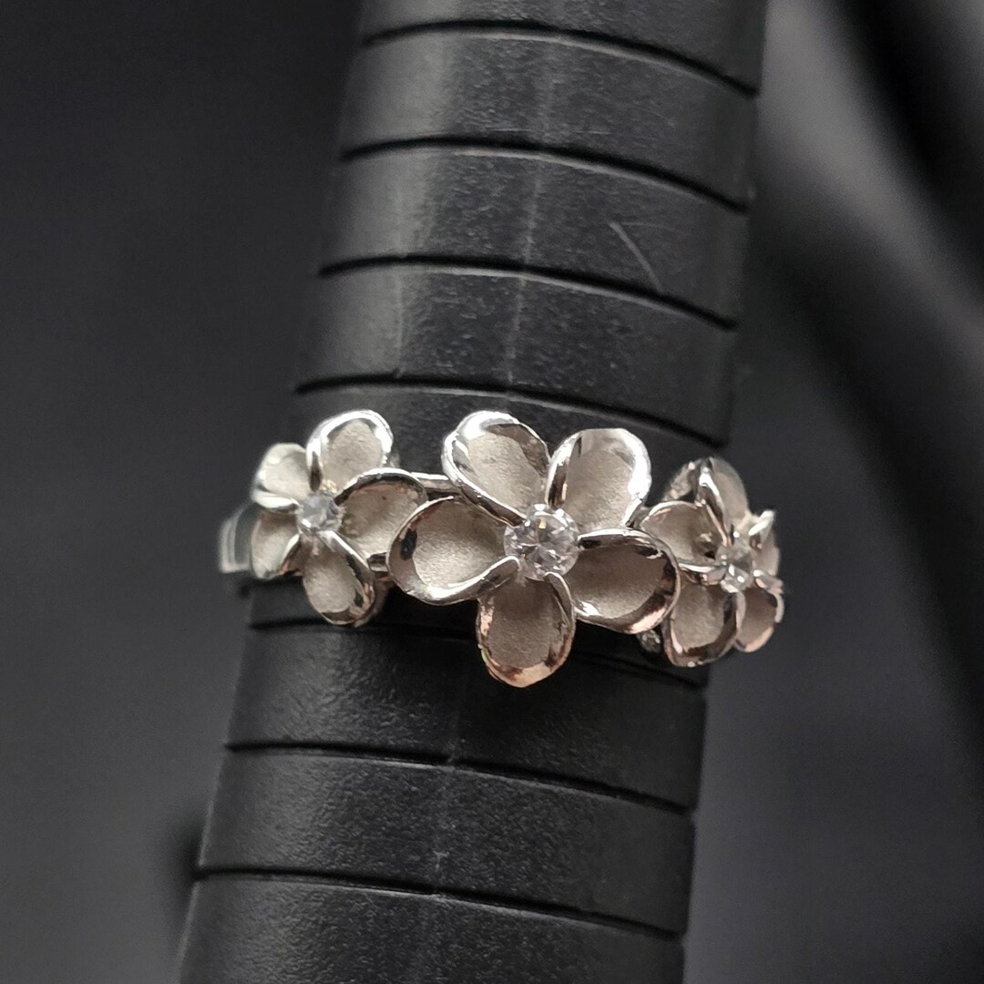 Sterling Silver Flower Ring 925 Three Flowers Cubic Zirconia ...