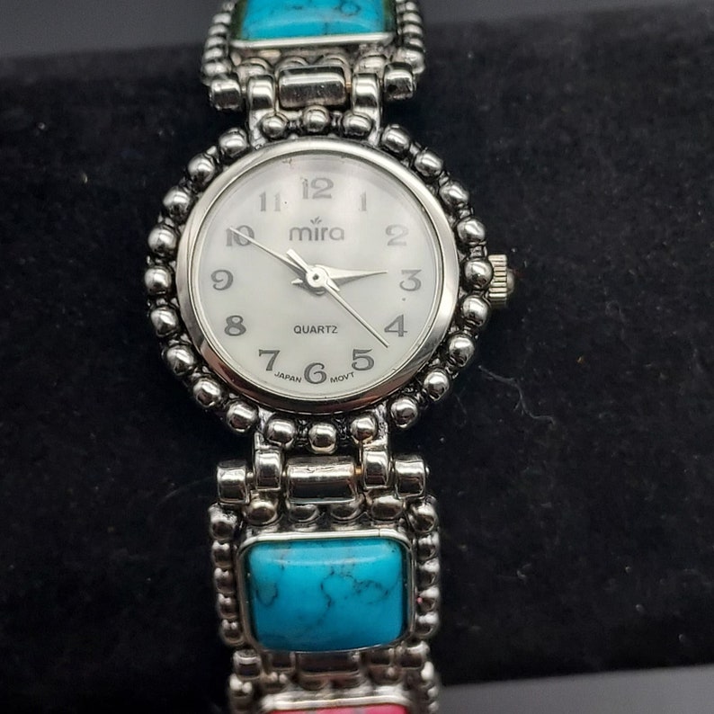 Native Style Womens Wrist Watch Quartz Movt Faux Turquoise Coral Silver ...