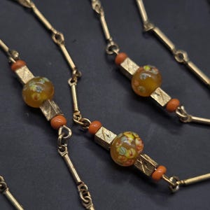 Vintage Millefiori Beaded Necklace Gold Tone Panel Link Chain Orange ...