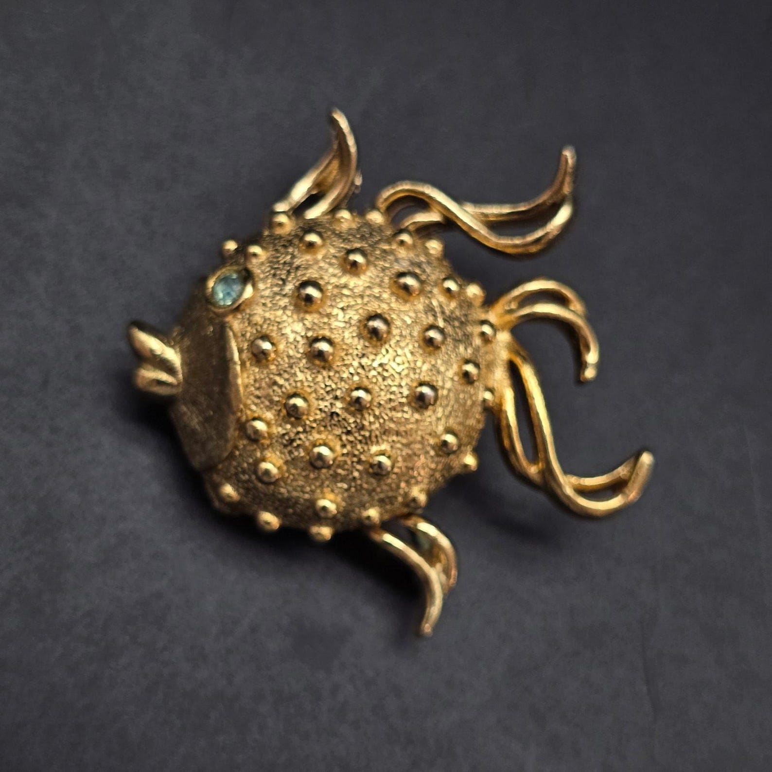 Fuller Brush Puffer Fish Perfume Brooch Gold Tone Green Rhinestone Eye ...