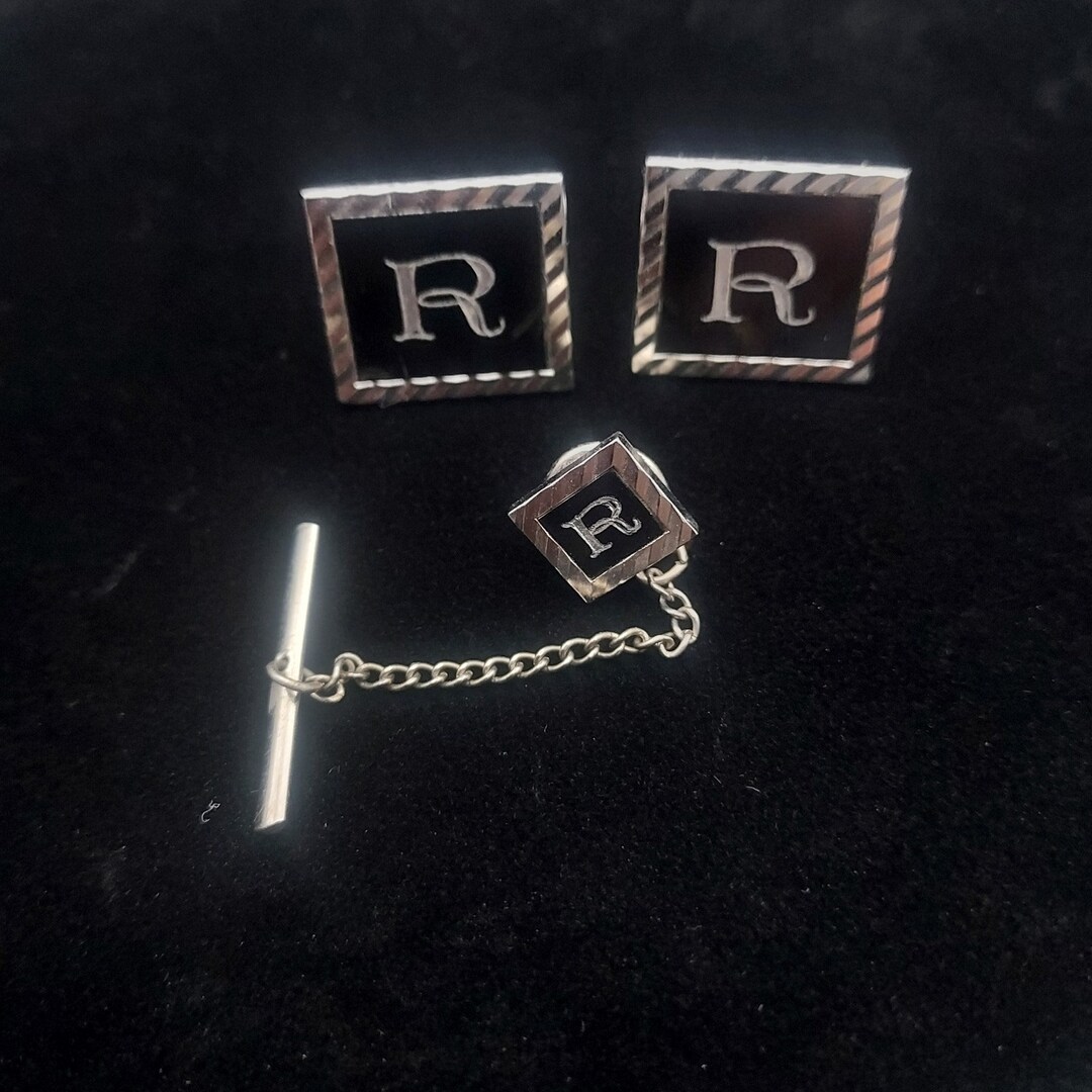 Vintage Letter R Cuff Links Tie Tack Set Initials Silver Tone Black - Etsy
