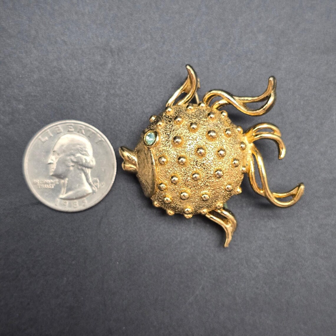 Fuller Brush Puffer Fish Perfume Brooch Gold Tone Green Rhinestone Eye ...